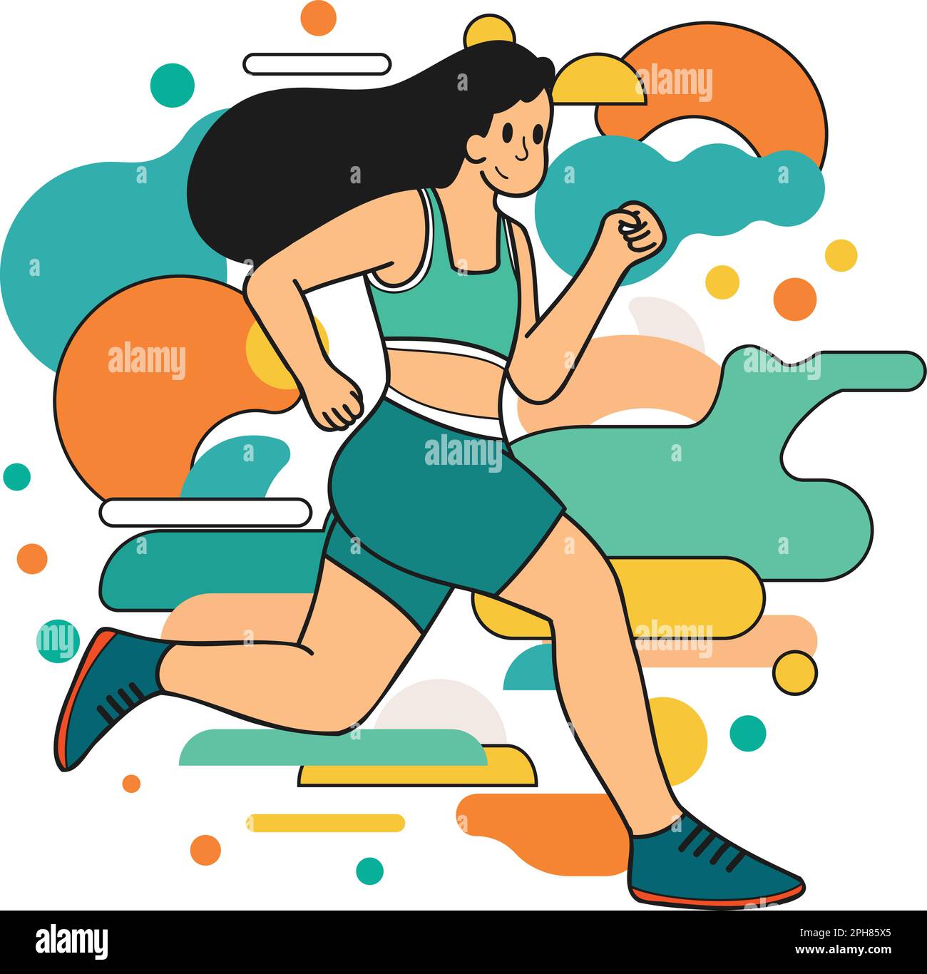 Fitness girl running and exercising illustration in doodle style ...