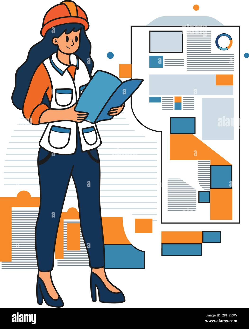 Female architect designing a house illustration in doodle style ...