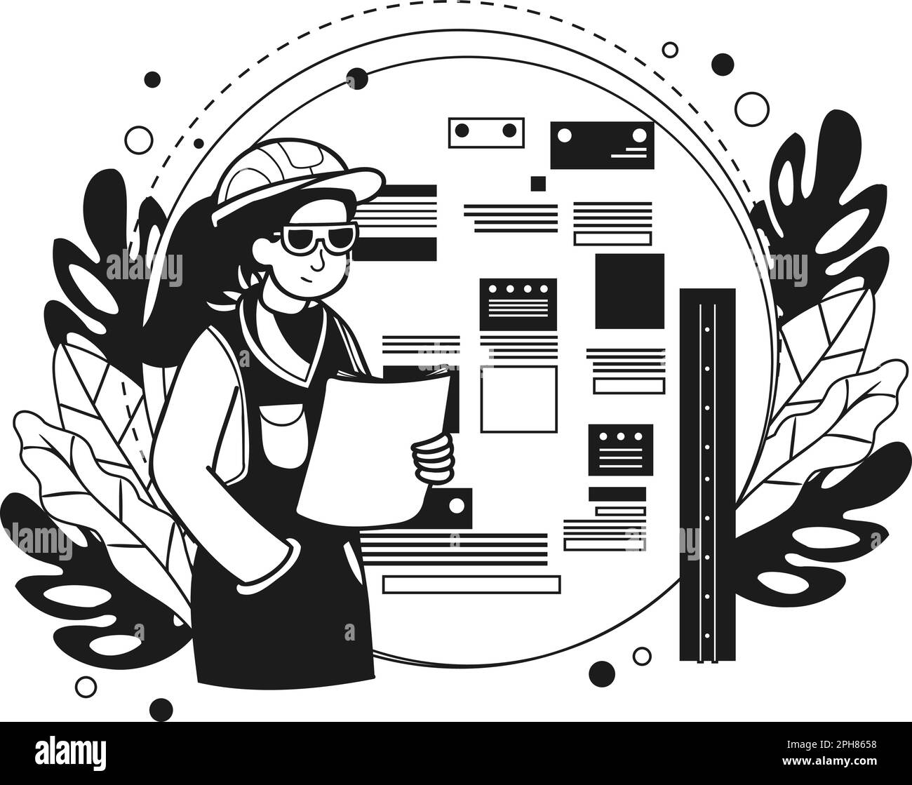 Female engineer supervising construction work illustration in doodle ...