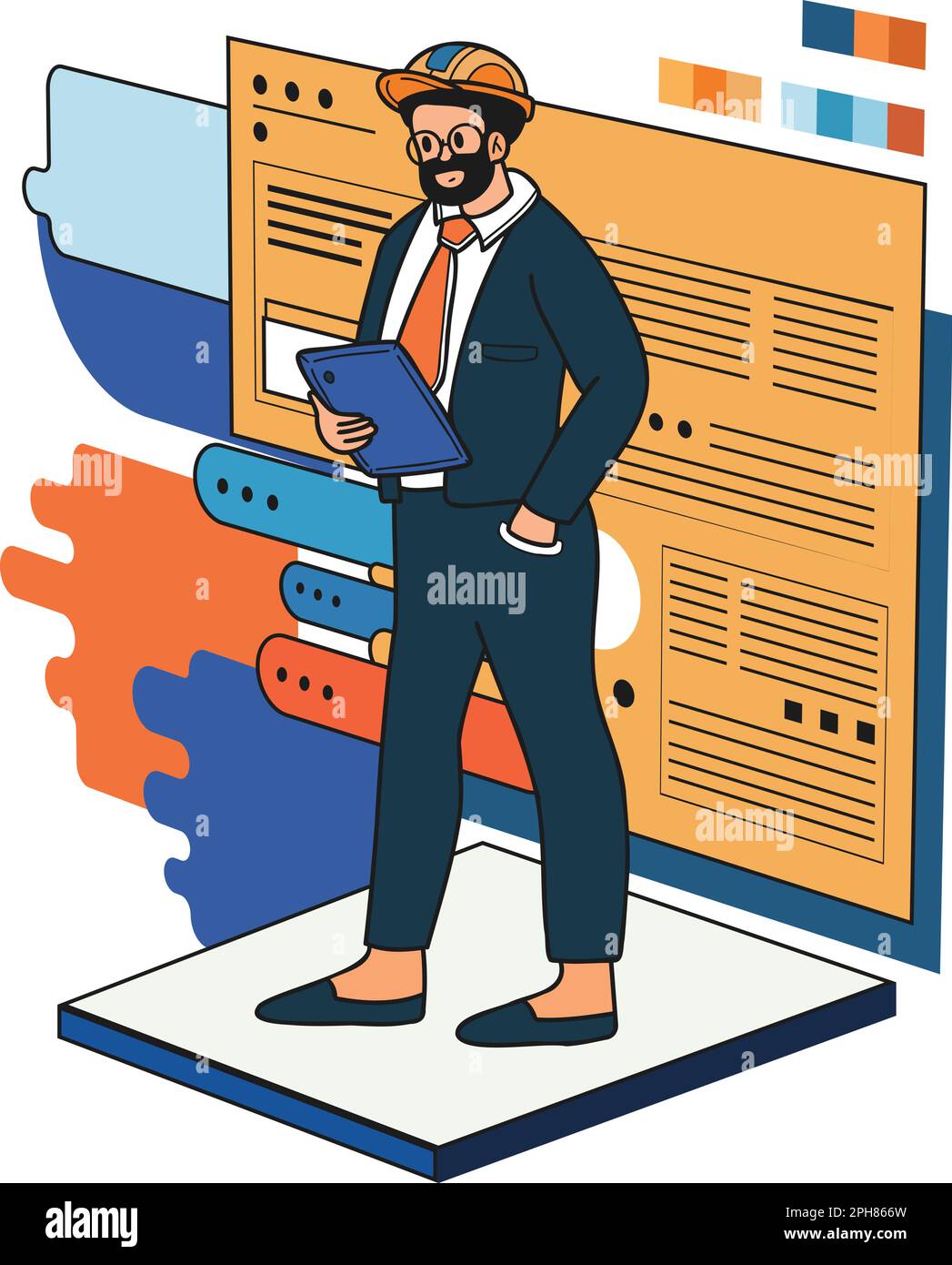 Male engineer creating blueprints and plans illustration in doodle ...