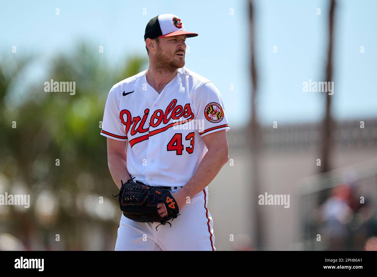 Baltimore Orioles pitcher Bryan Baker (43) during a spring training ...