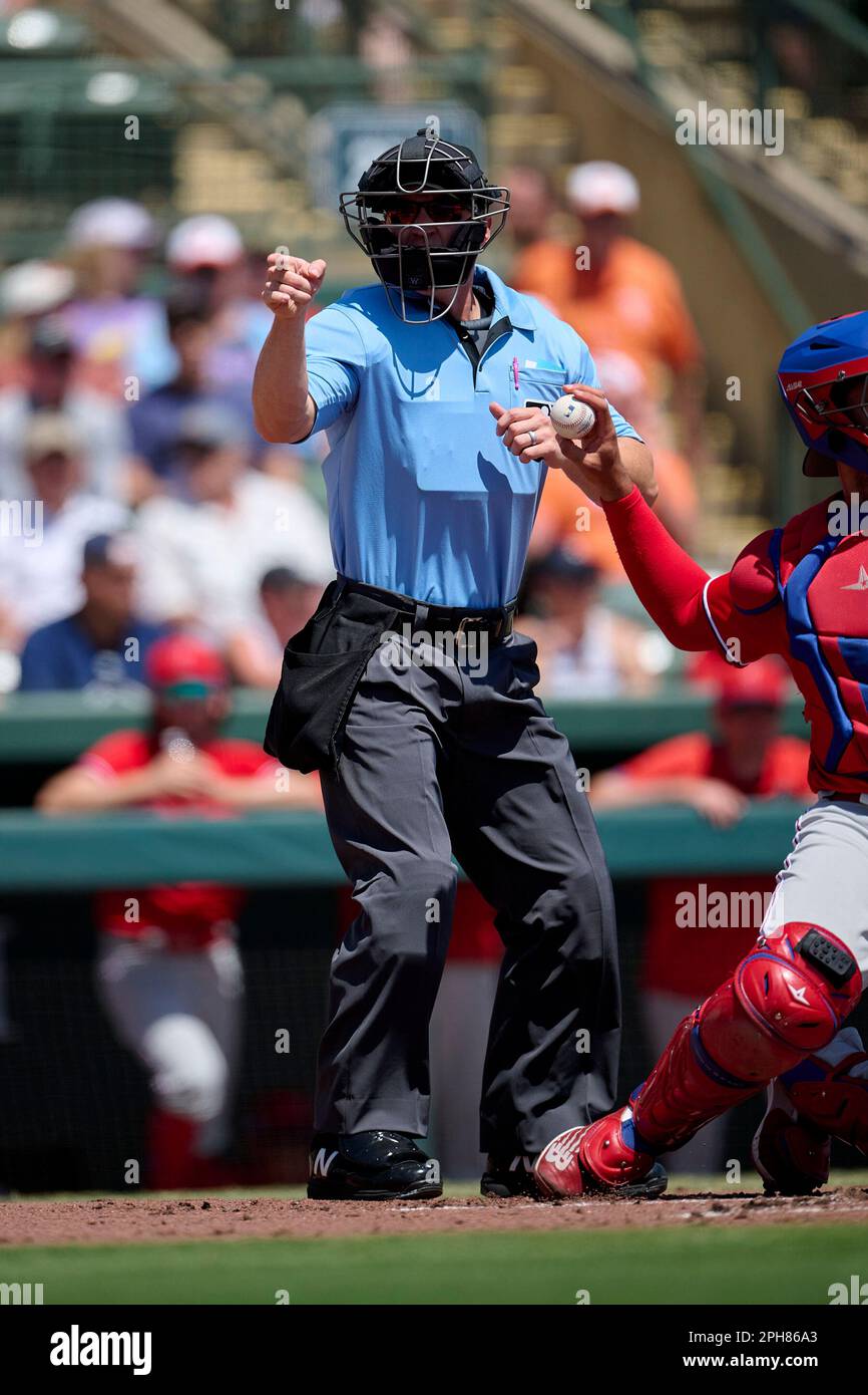 Umpire Mark Stewart calls a strike during a spring training baseball ...