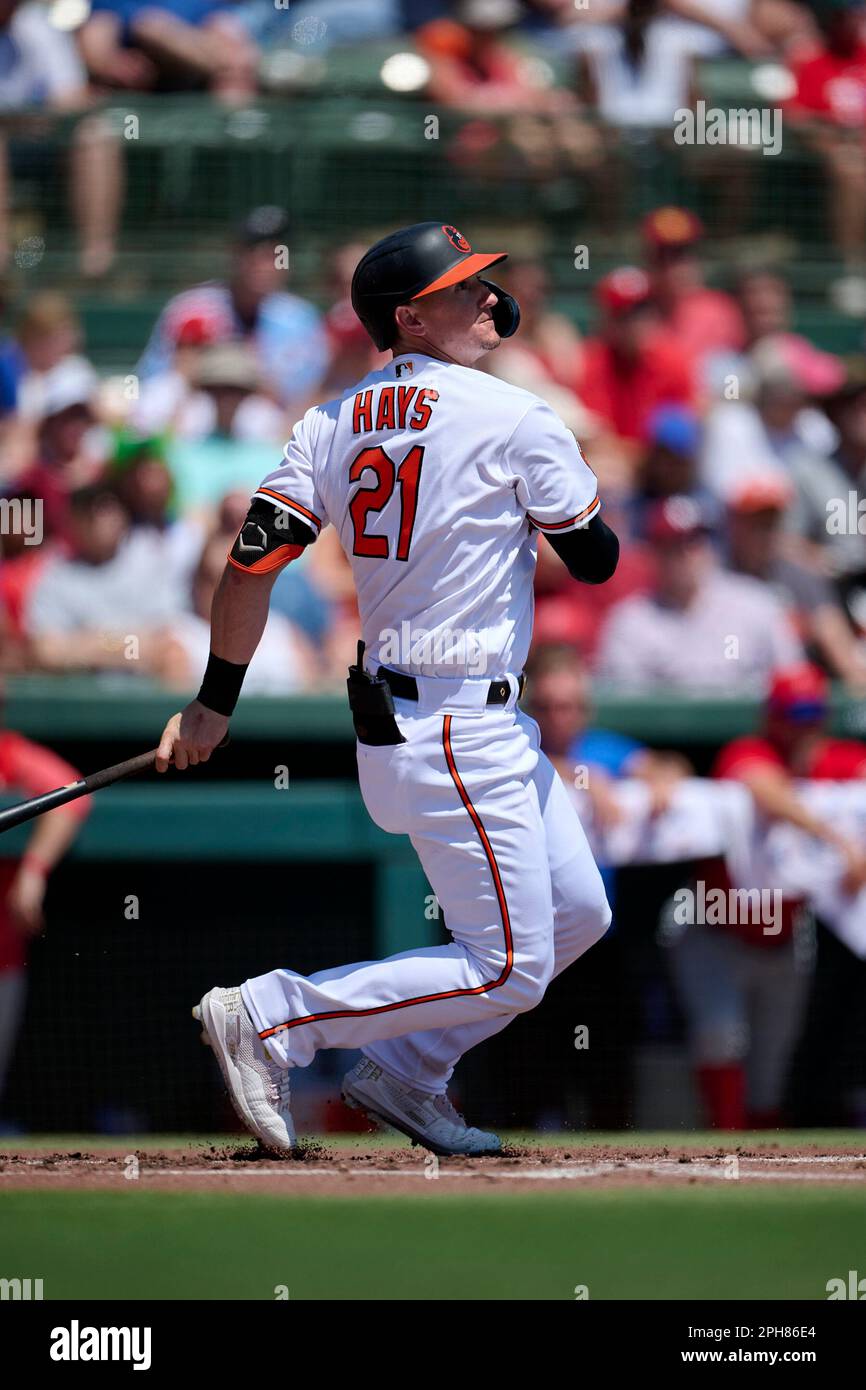 Baltimore Orioles Austin Hays (21) bats during a spring training ...
