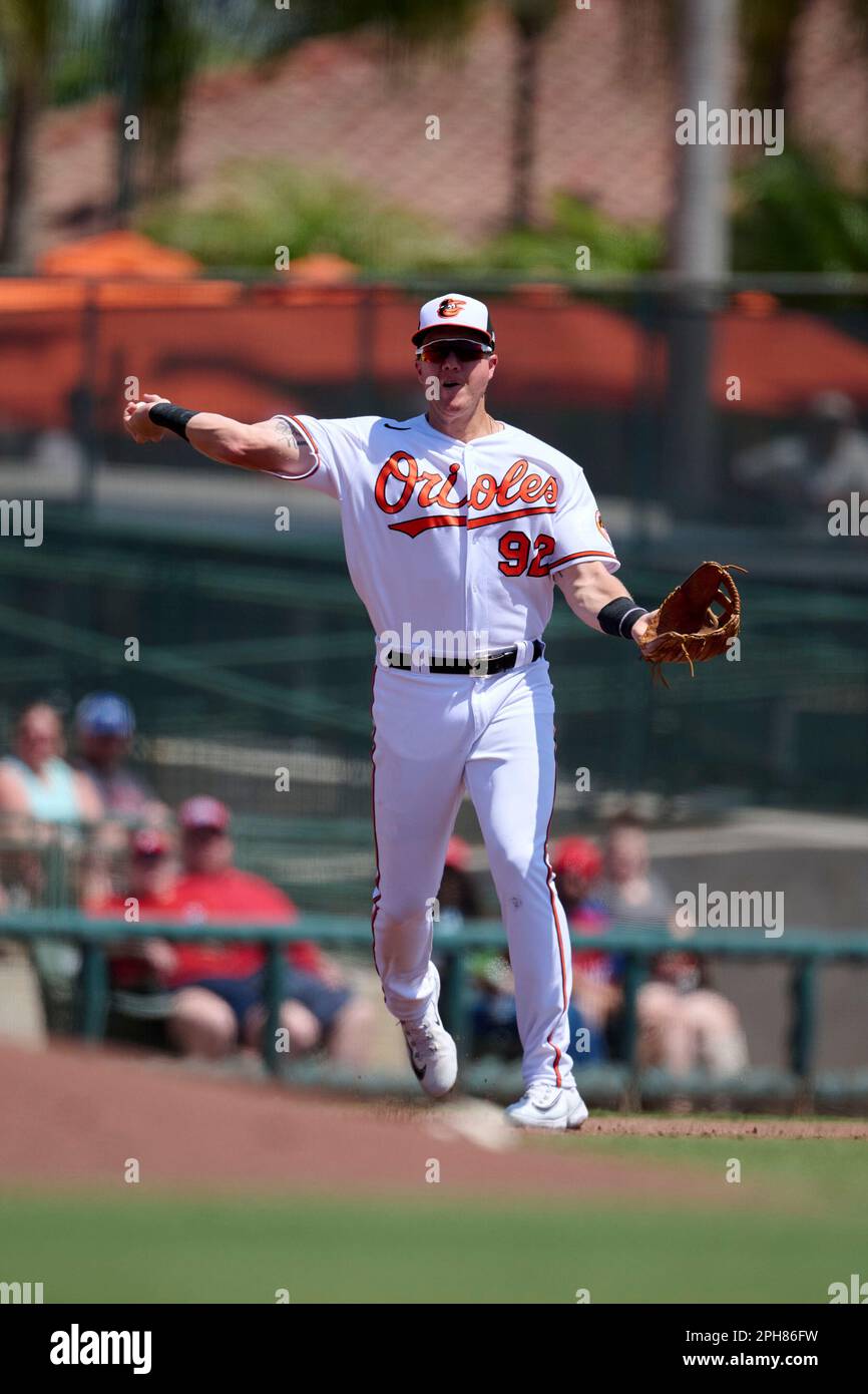 Baltimore Orioles third baseman Josh Lester (92) throws to first base ...