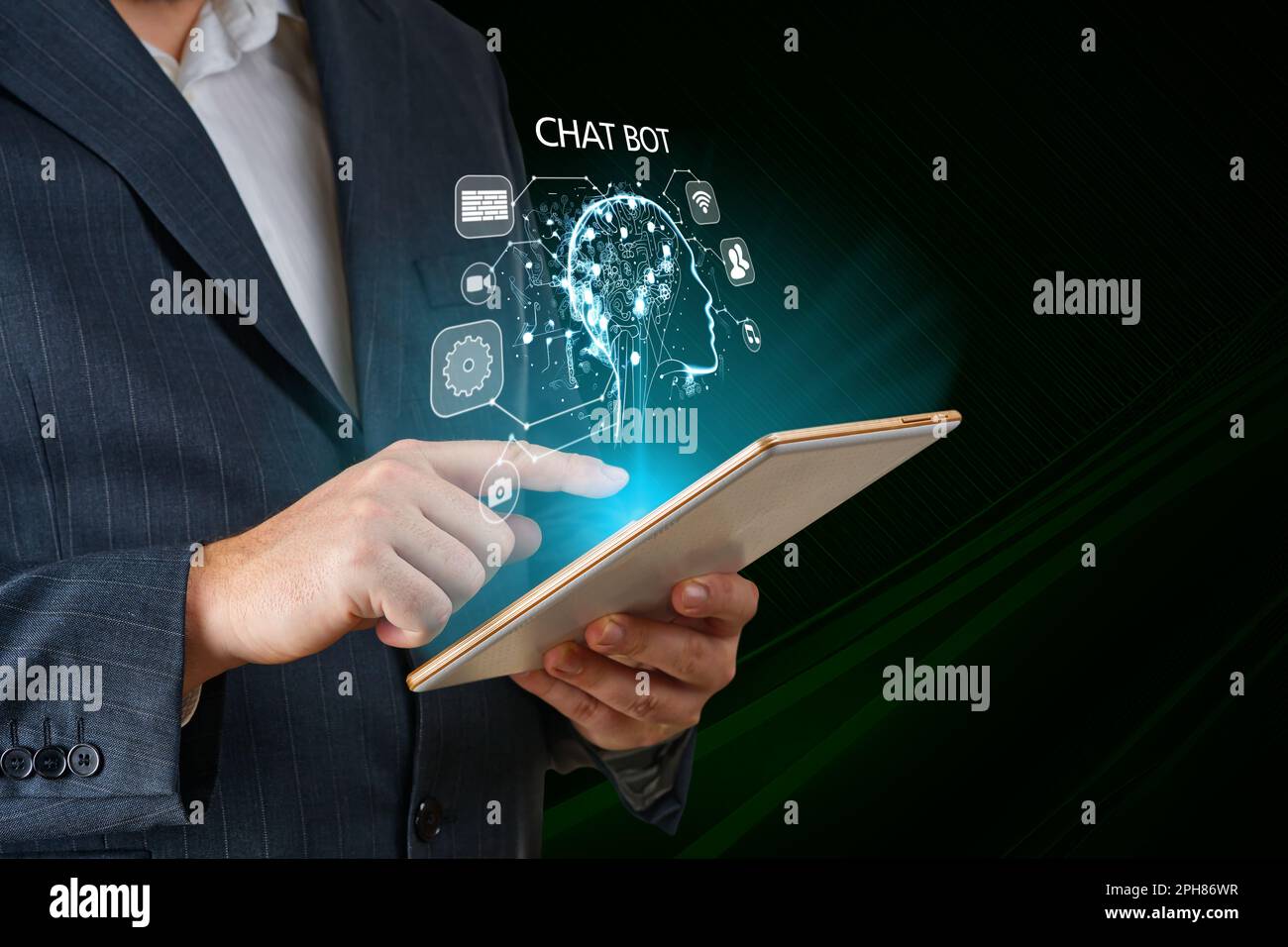 Artificial intelligence, AI chat bot concept. Businessman hands using tablet. ai chatbot ...