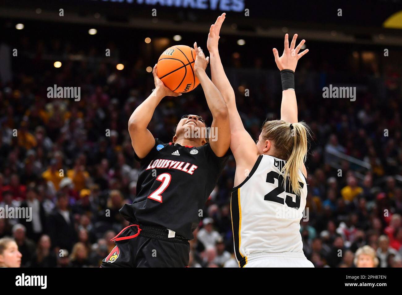 March 26, 2023: Louisville Cardinals forward Nyla Harris (2) goes up to ...
