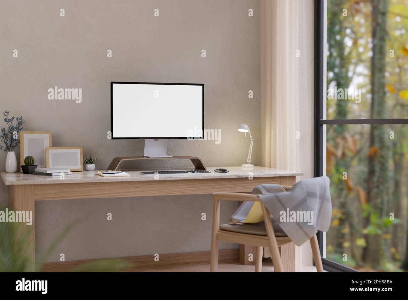 Minimalist white and cozy home workspace interior design with computer ...