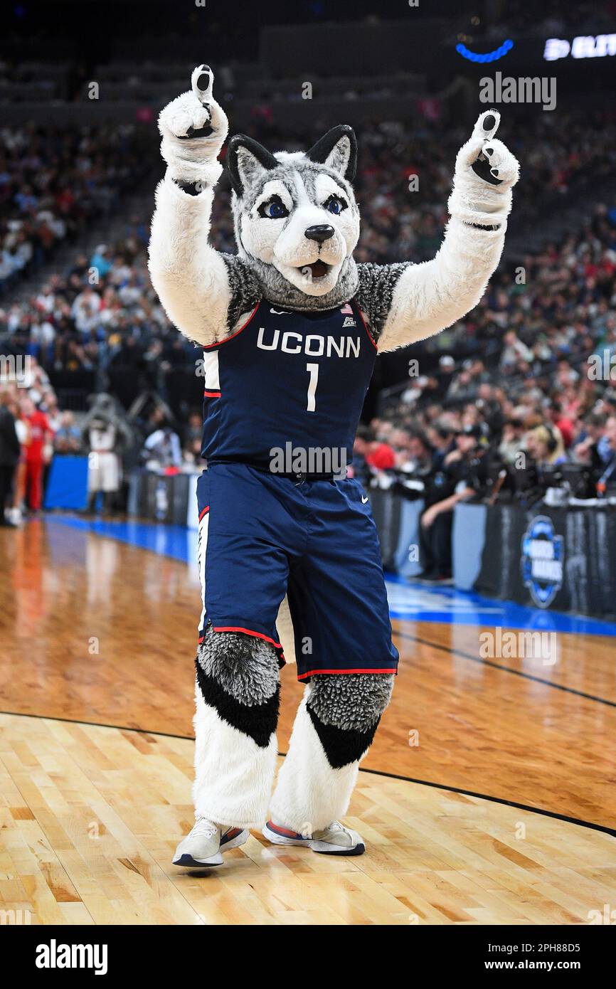 LAS VEGAS, NV - MARCH 25: Jonathan the Husky mascot cheers during the ...