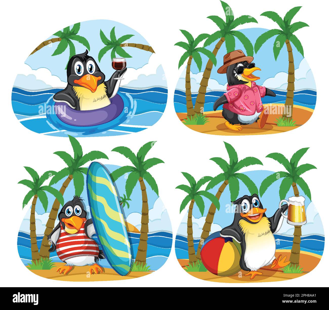 Penguin Cartoon Characters in Summer Theme illustration Stock Vector ...