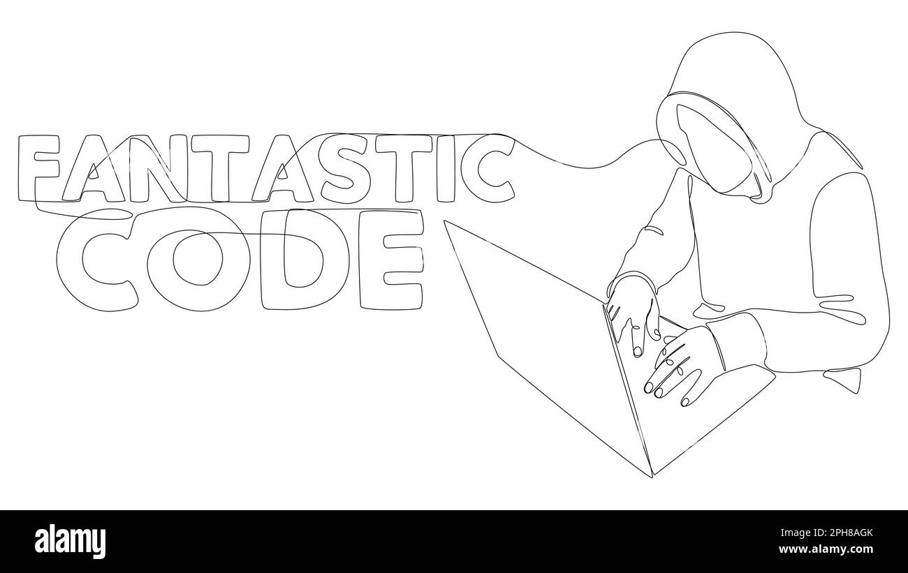 One continuous line of man with laptop and Fantastic Code text. Thin ...