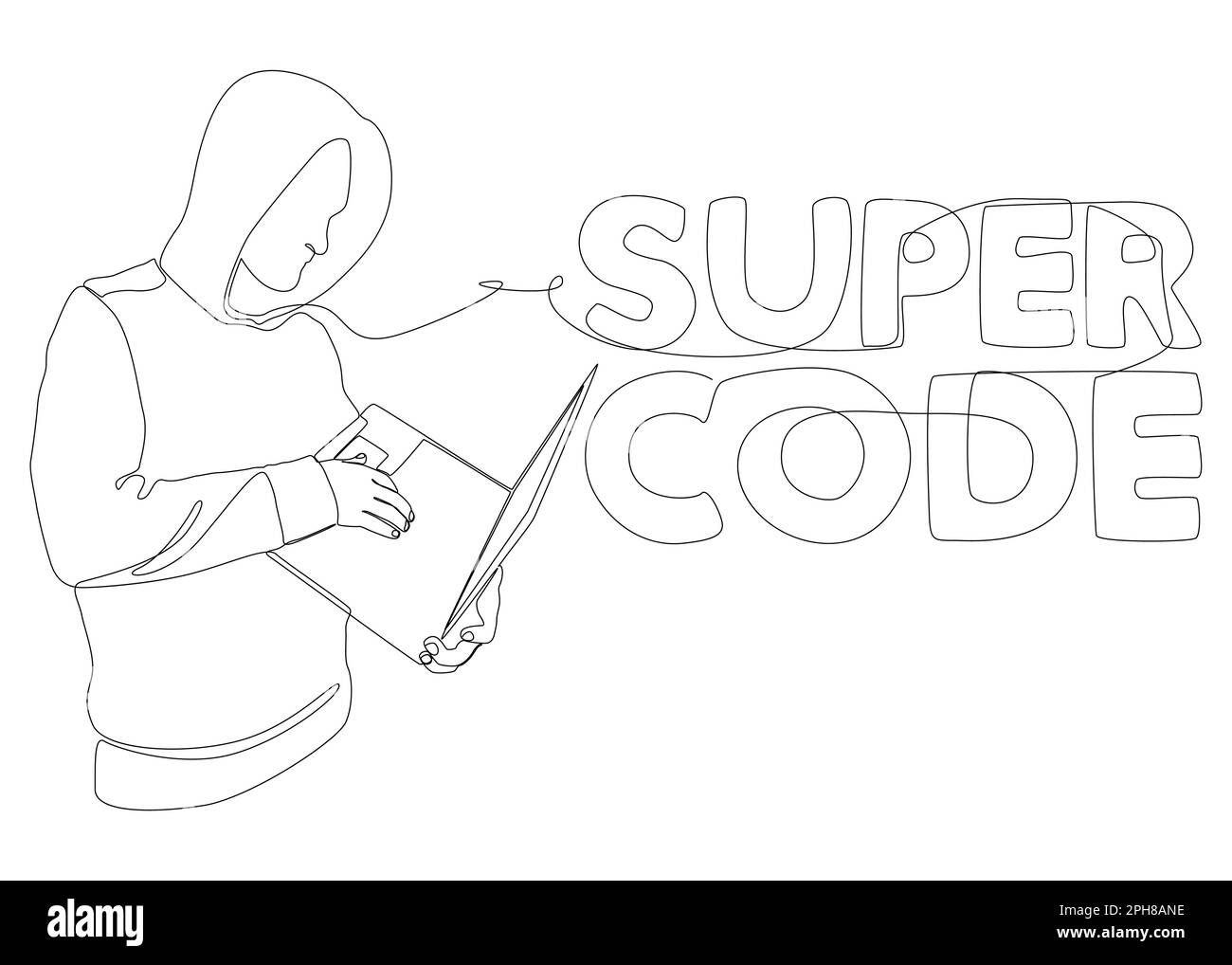 One continuous line of man with laptop and Super Code text. Thin Line ...