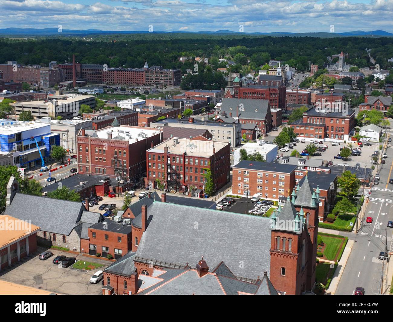 Historic commercial buildings aerial view on Main Street in historic downtown Nashua, New ...