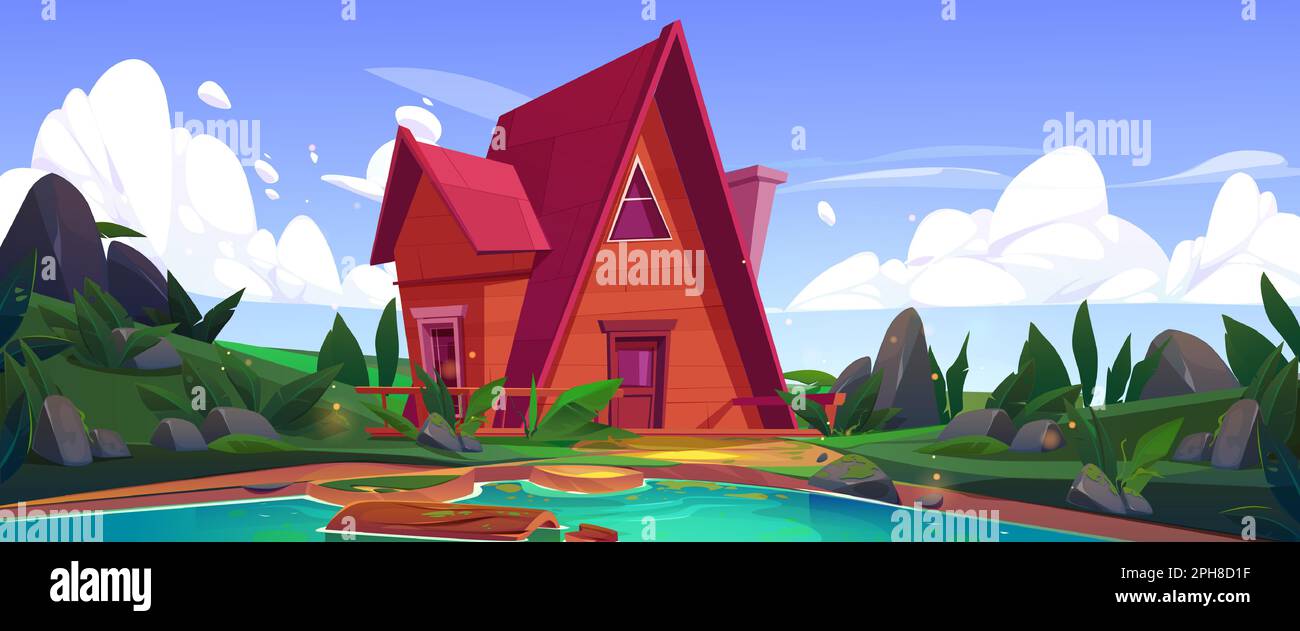 Cute cabin on lake coast. Summer landscape with small wooden house ...