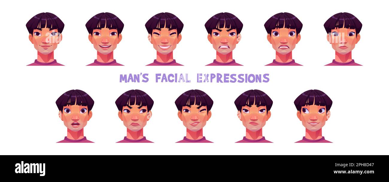 Asian man face, japanese or chinese character with sad, happy and angry ...