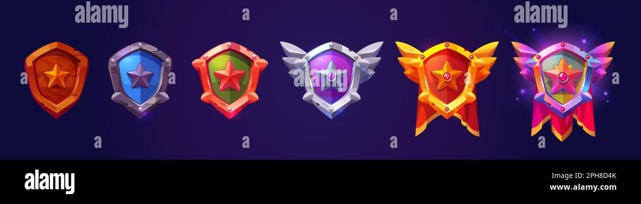 Game rank badge level icon set. Rating medal shield with star cartoon ...