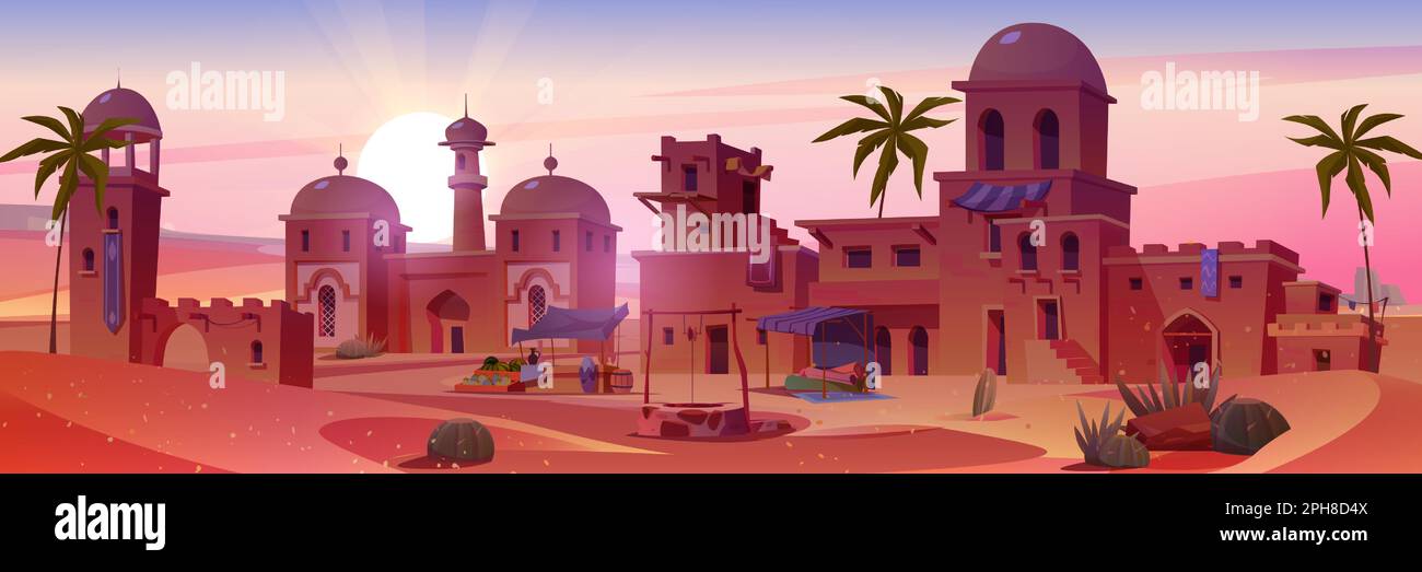 Ancient arab city in desert at sunset. Vector cartoon illustration of ...
