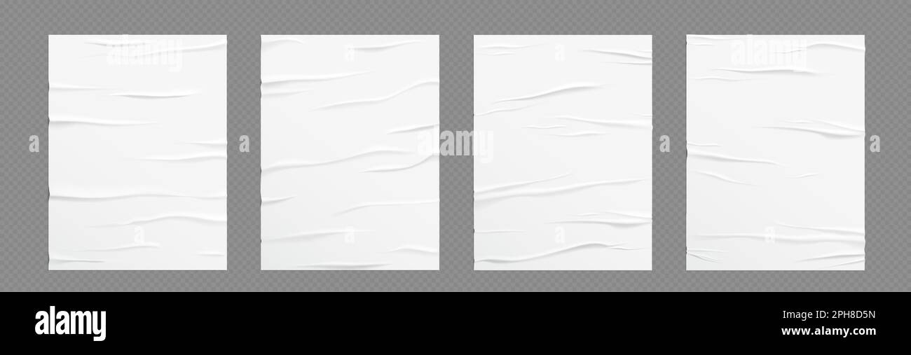 Glued wrinkle paper wall poster street mockup. White realistic wet ...