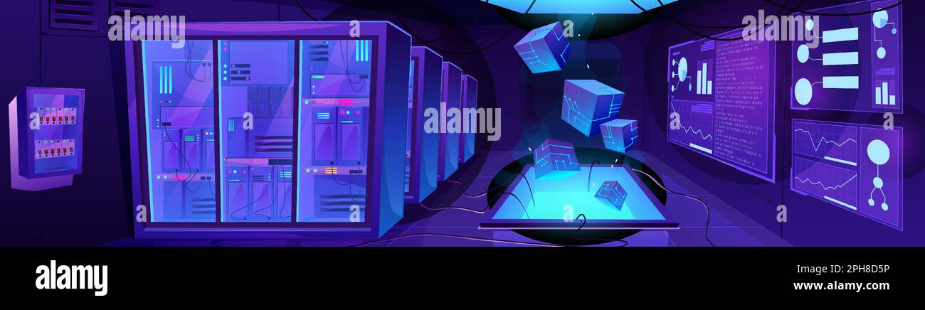 Data center room interior with server equipment. Vector cartoon ...