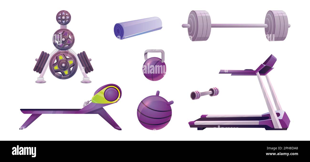 Cartoon set of gym workout equipment isolated on white background ...