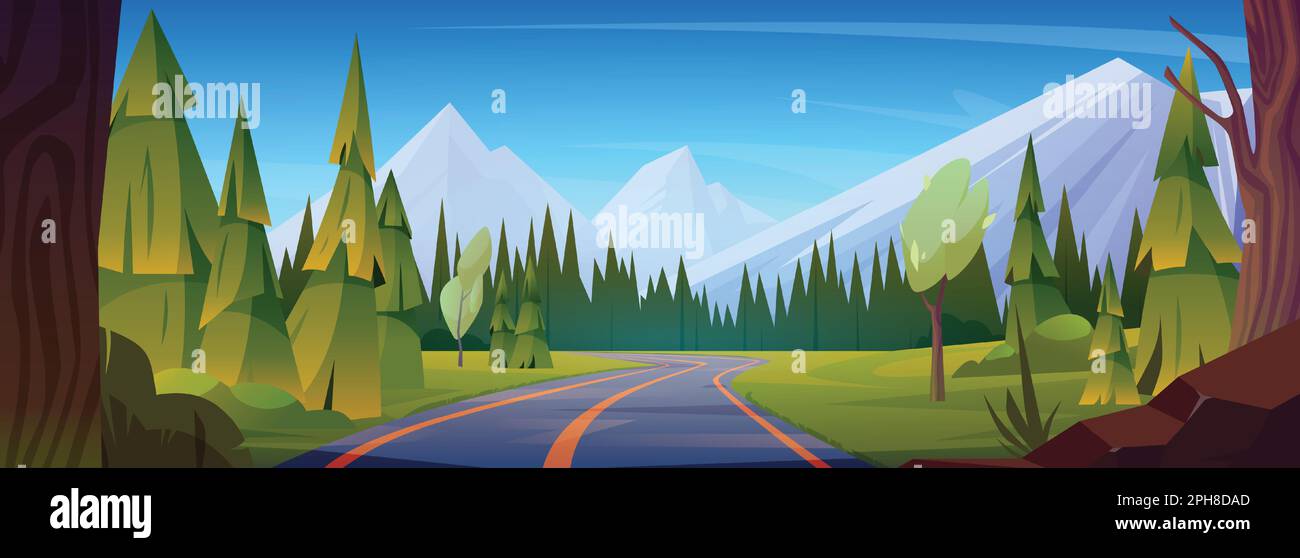 Cartoon mountain highway. Vector illustration of asphalt road, forest ...