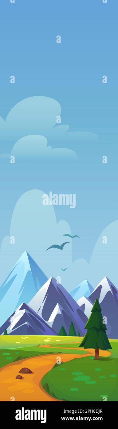 Cartoon mountain road and pine trees. Vector illustration of scenic ...