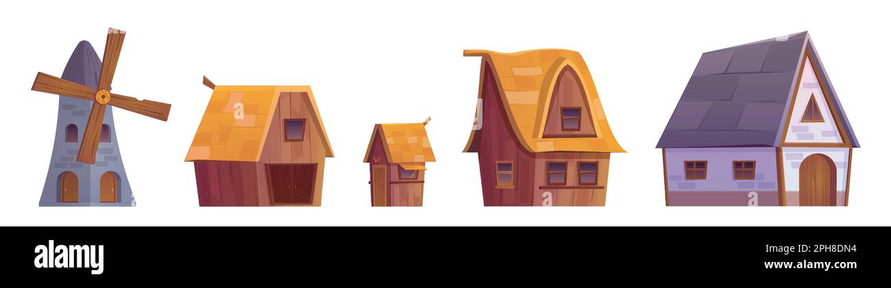 Isolated medieval village house, barn and mill vector set. Cartoon old ...