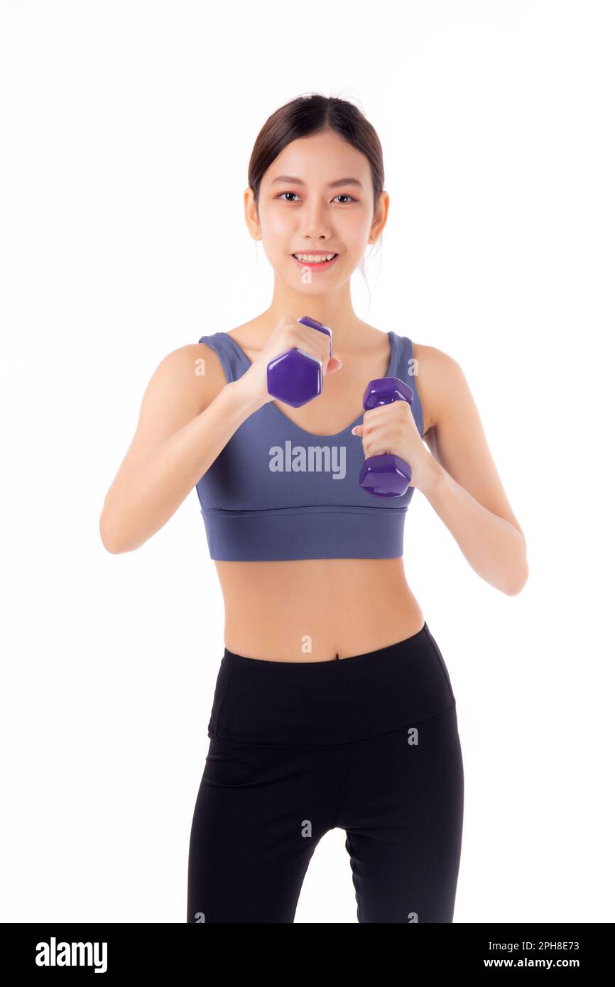 Portrait beautiful young asian woman lifting dumbbell isolated on white ...
