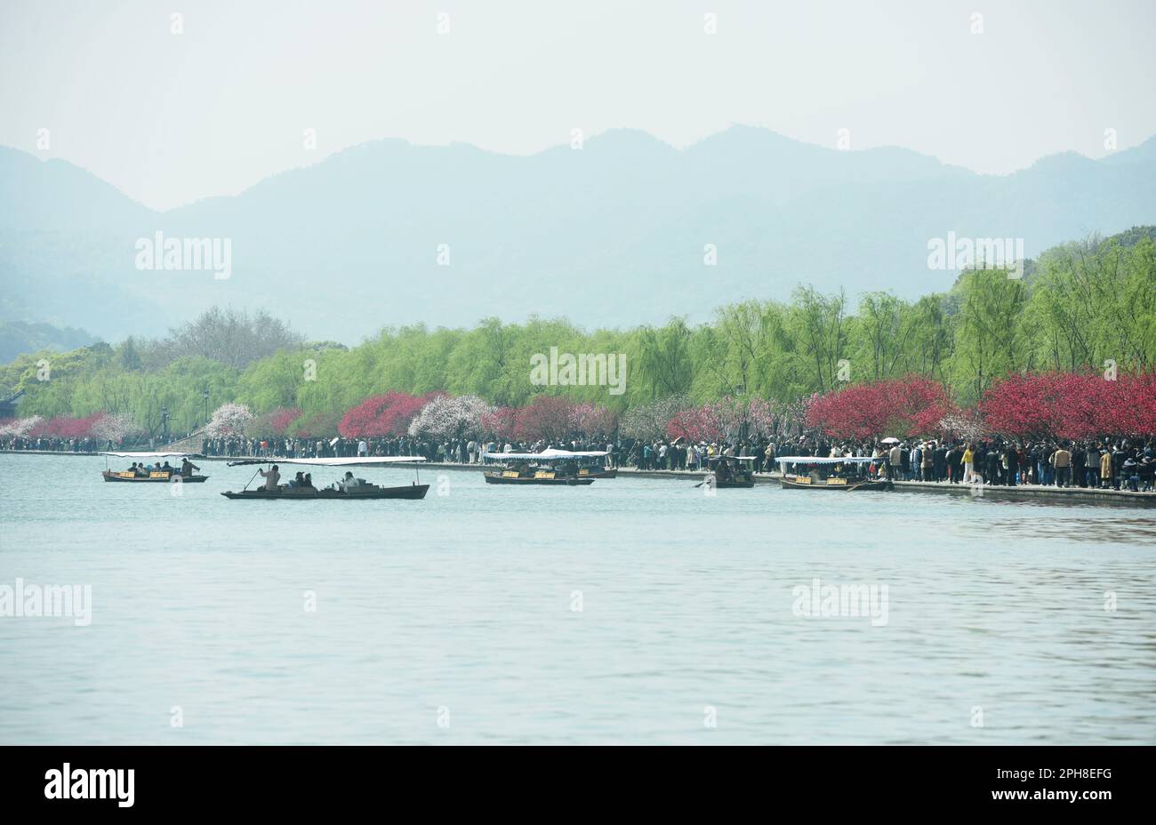 HANGZHOU, CHINA - MARCH 27, 2023 - Tourists view peach blossoms on the Bai Causeway of West Lake ...