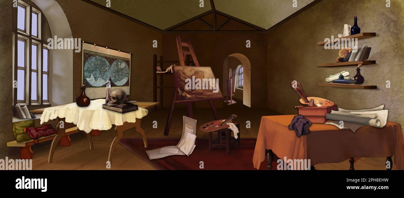 Vintage interior of the Renaissance artist studio. Digital Painting ...