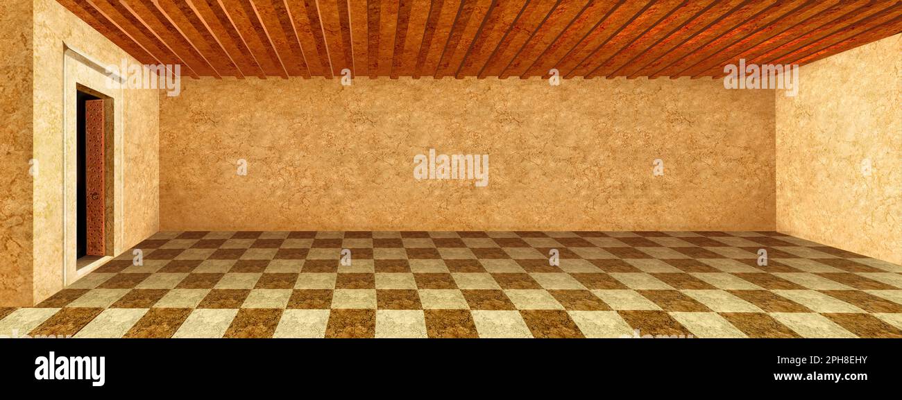 Empty hall interior with chess floor. Digital Painting Background ...