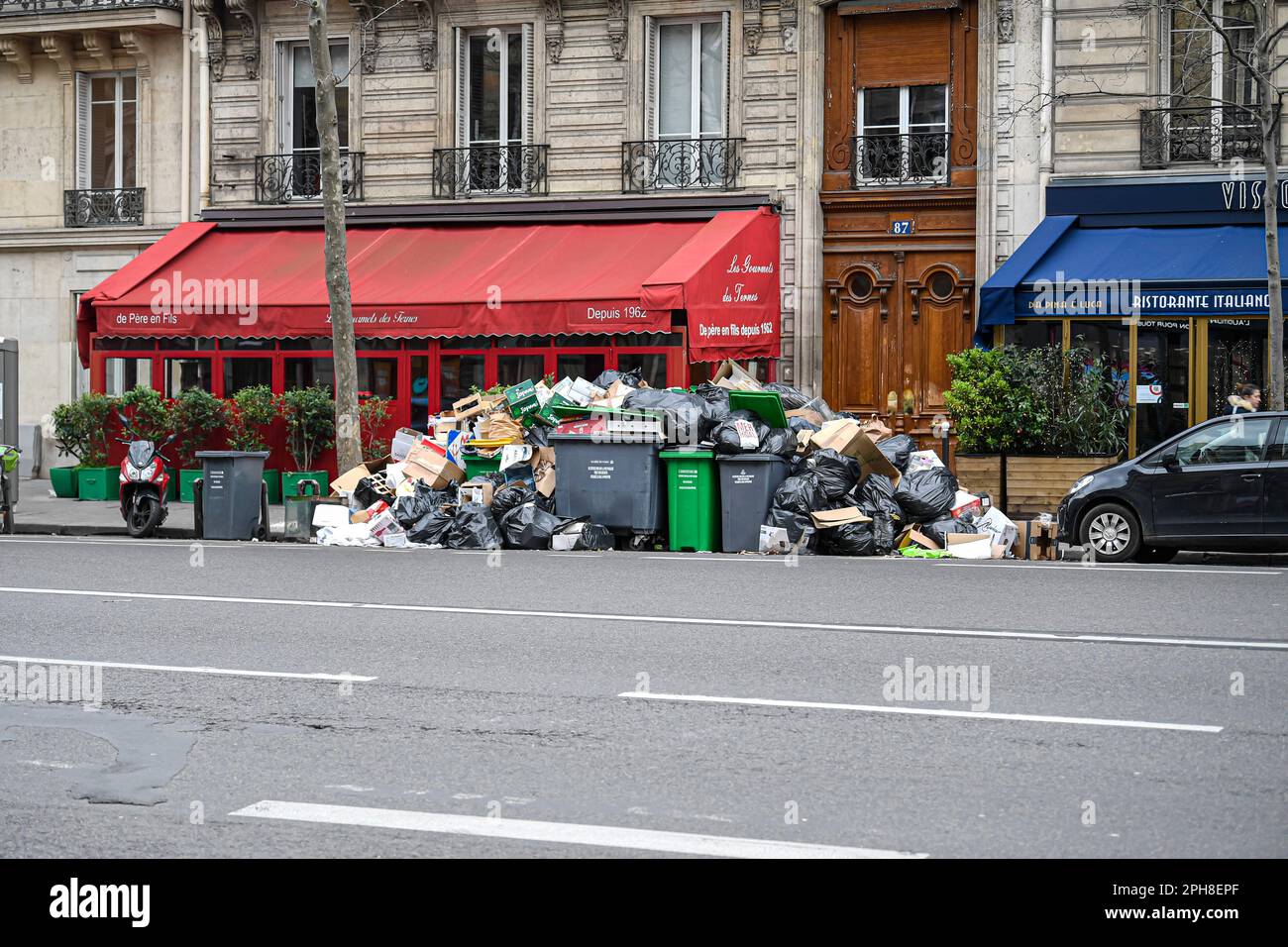Illustration picture shows full bins on March 26, 2023 in Paris, France. A strike by waste ...