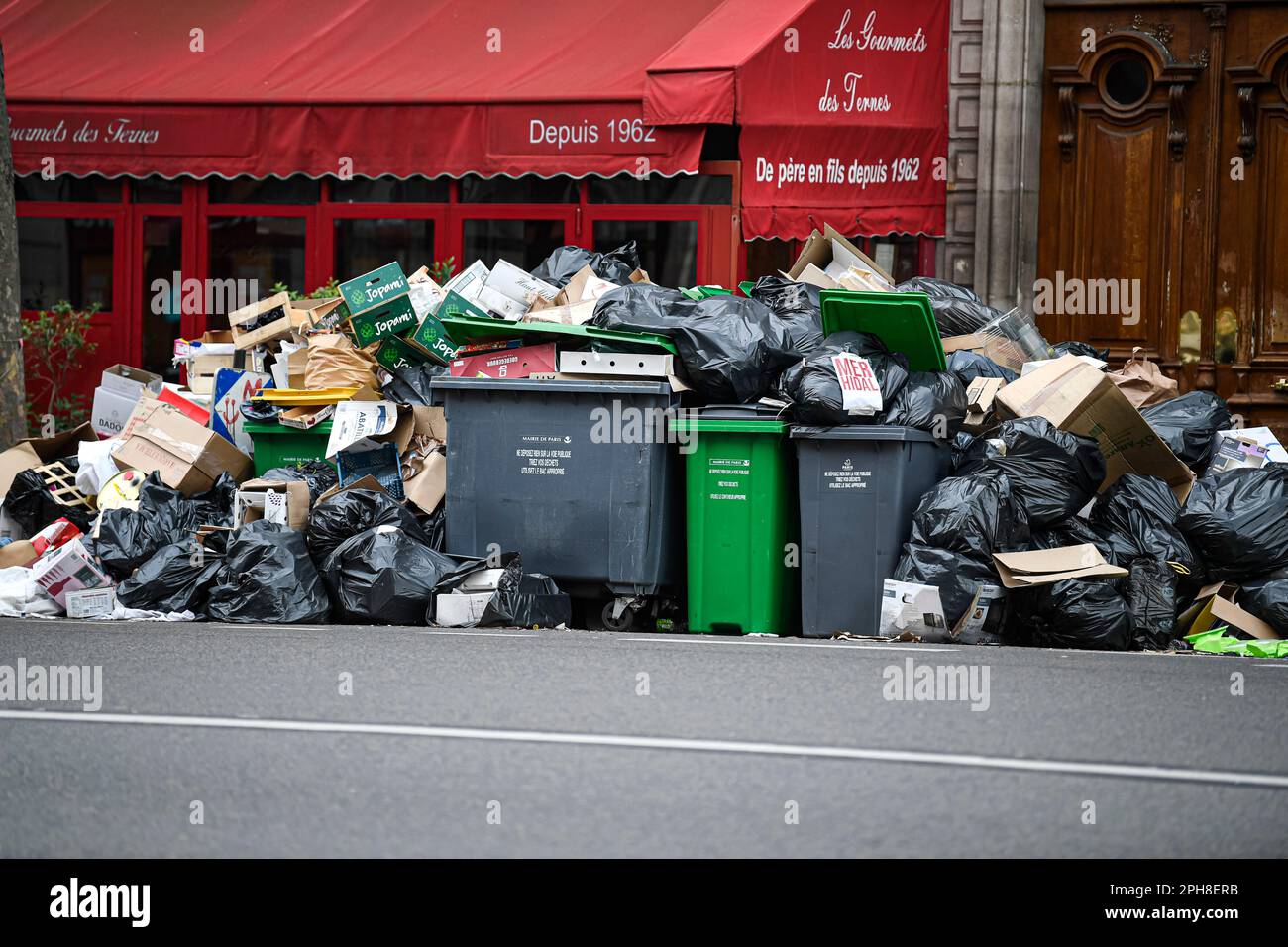 Illustration picture shows full bins on March 26, 2023 in Paris, France. A strike by waste ...