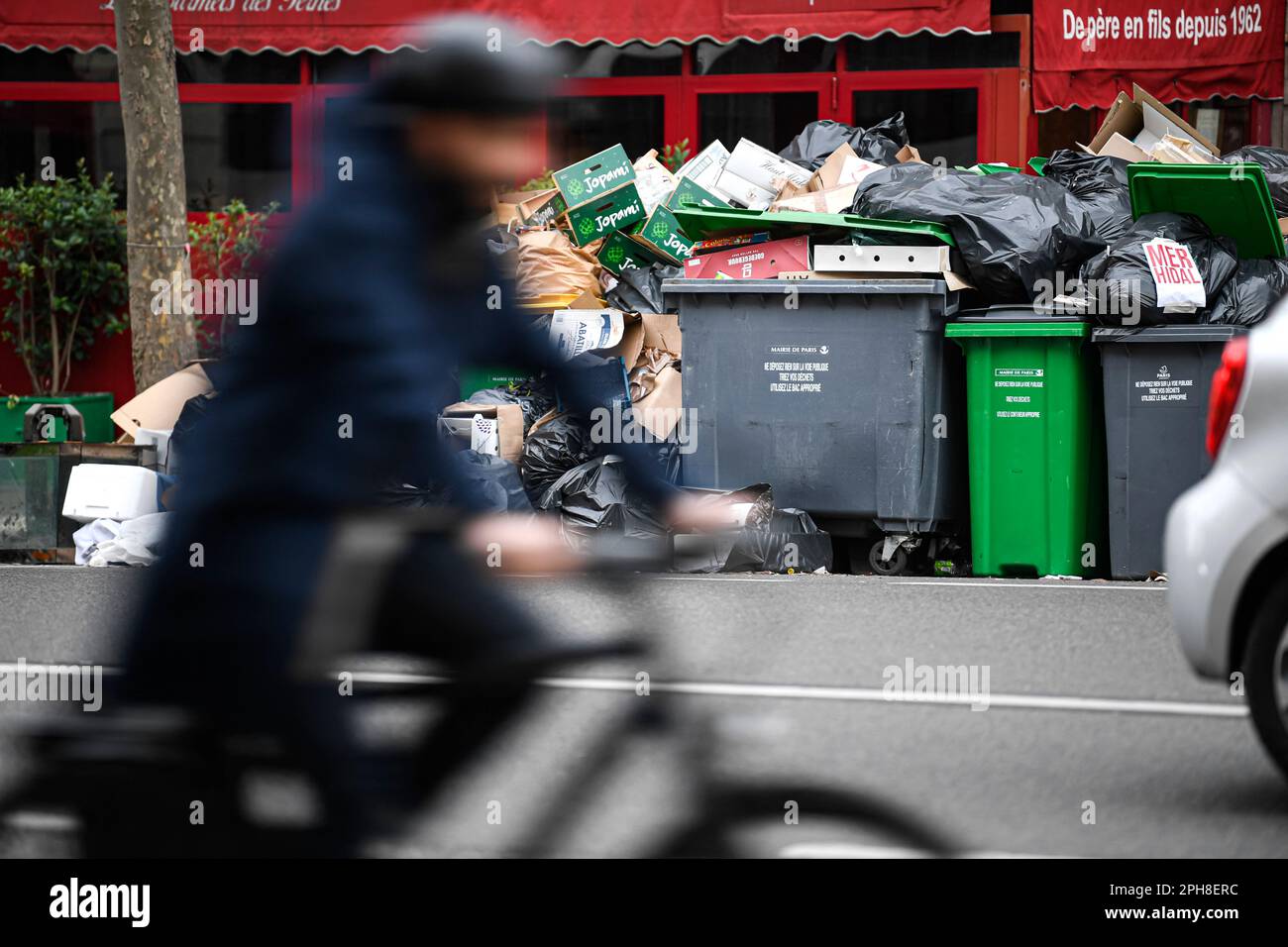 Illustration picture shows full bins on March 26, 2023 in Paris, France. A strike by waste ...