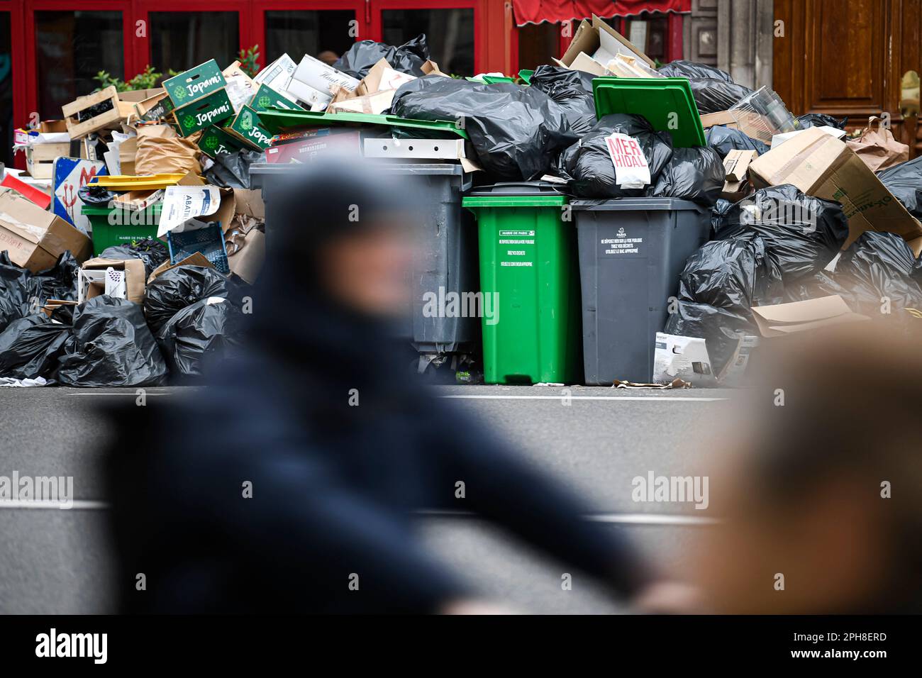 Illustration picture shows full bins on March 26, 2023 in Paris, France. A strike by waste ...