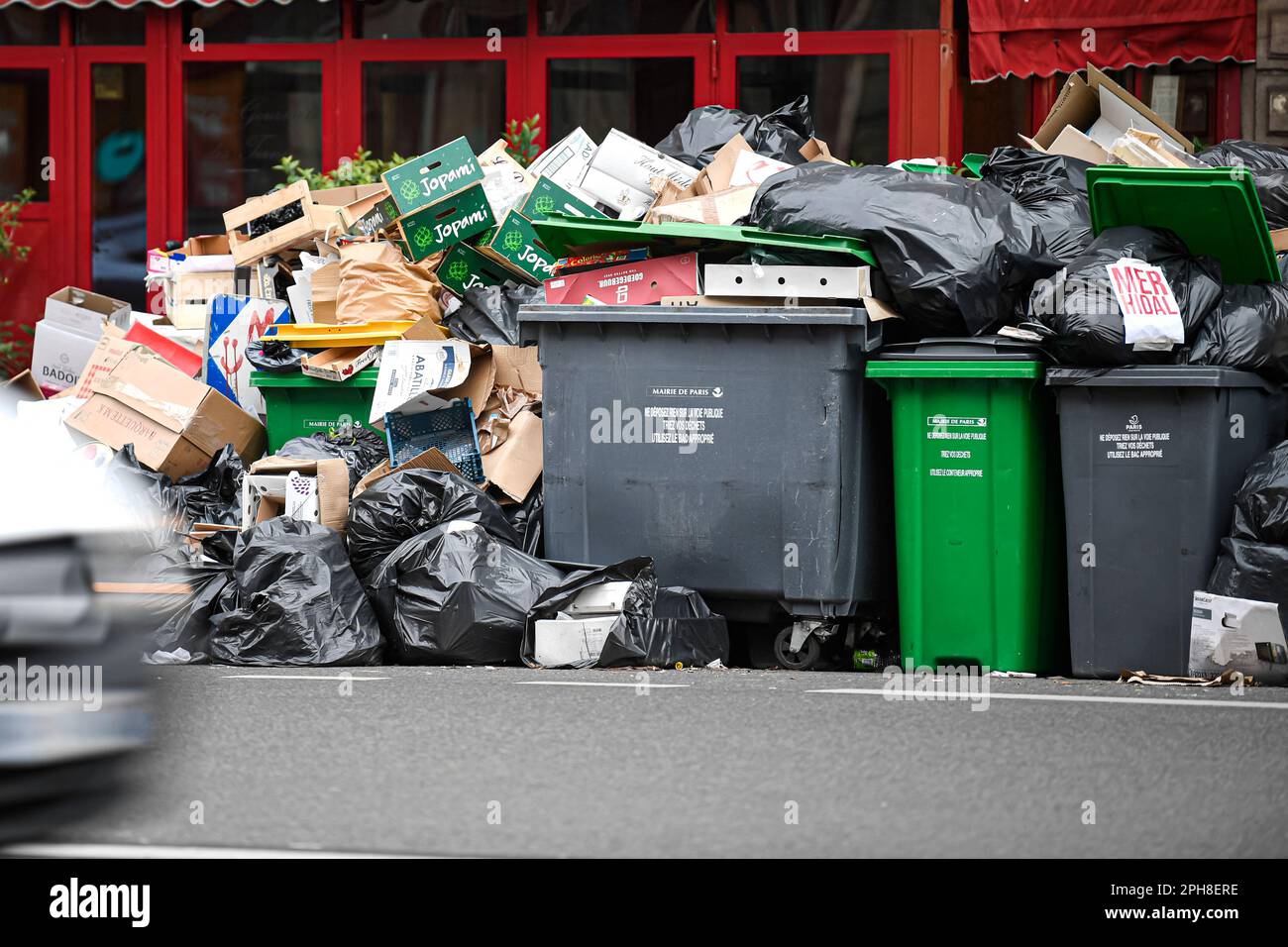 Illustration picture shows full bins on March 26, 2023 in Paris, France. A strike by waste ...
