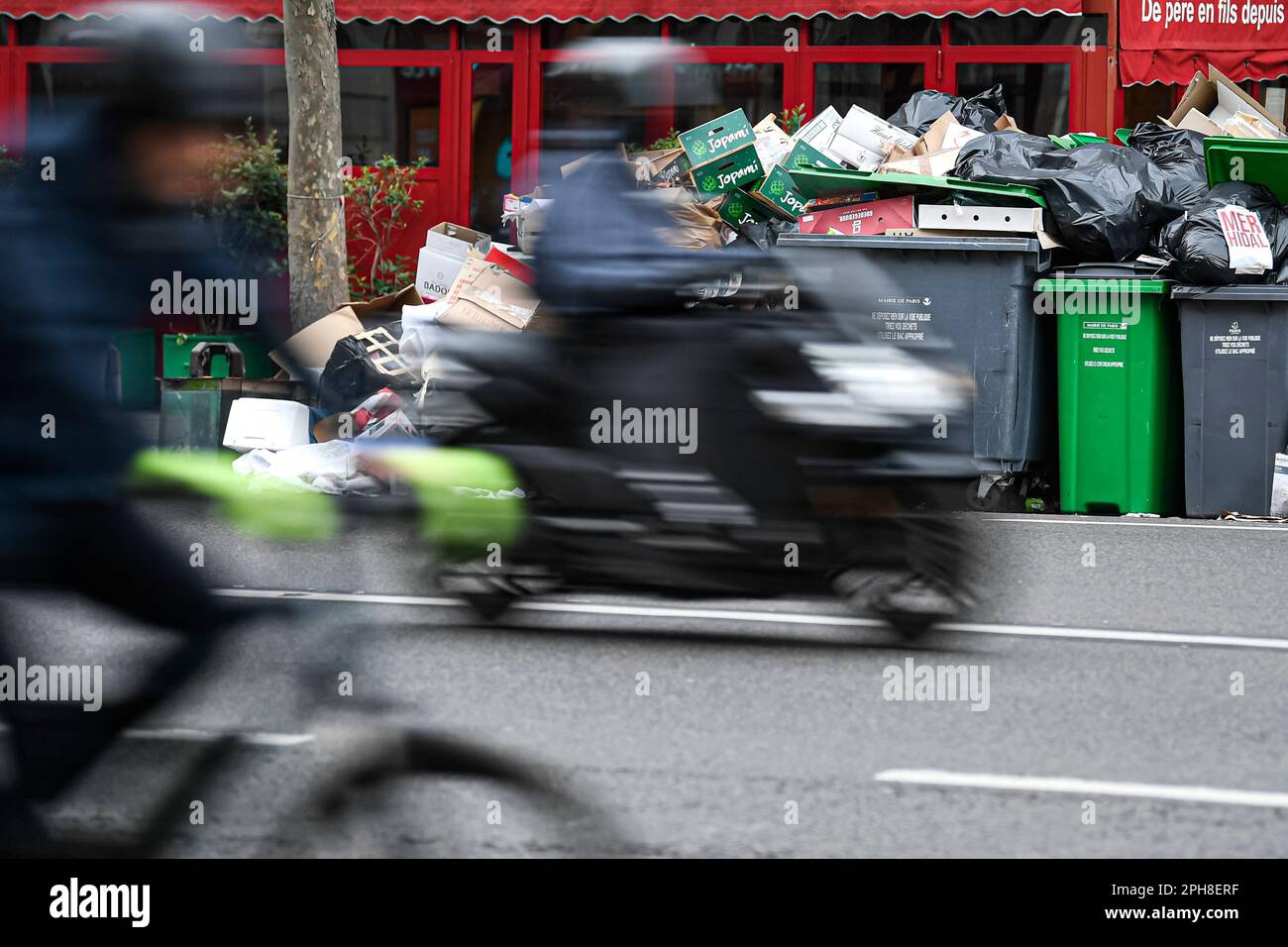 Illustration picture shows full bins on March 26, 2023 in Paris, France. A strike by waste ...