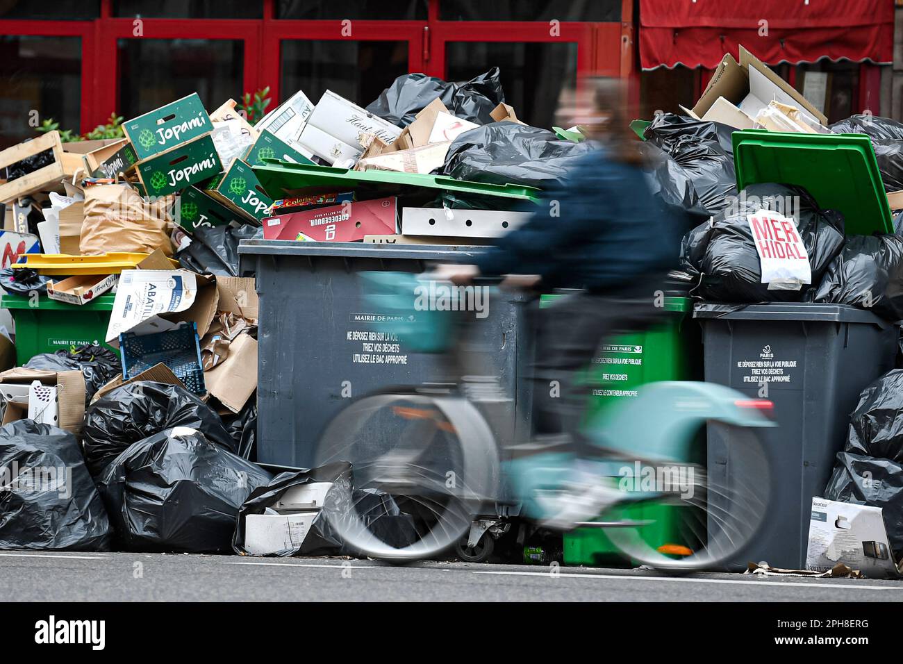 Illustration picture shows full bins on March 26, 2023 in Paris, France. A strike by waste ...