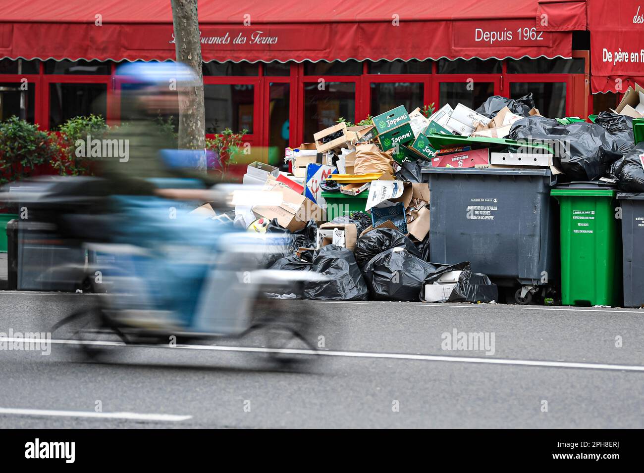 Illustration picture shows full bins on March 26, 2023 in Paris, France. A strike by waste ...