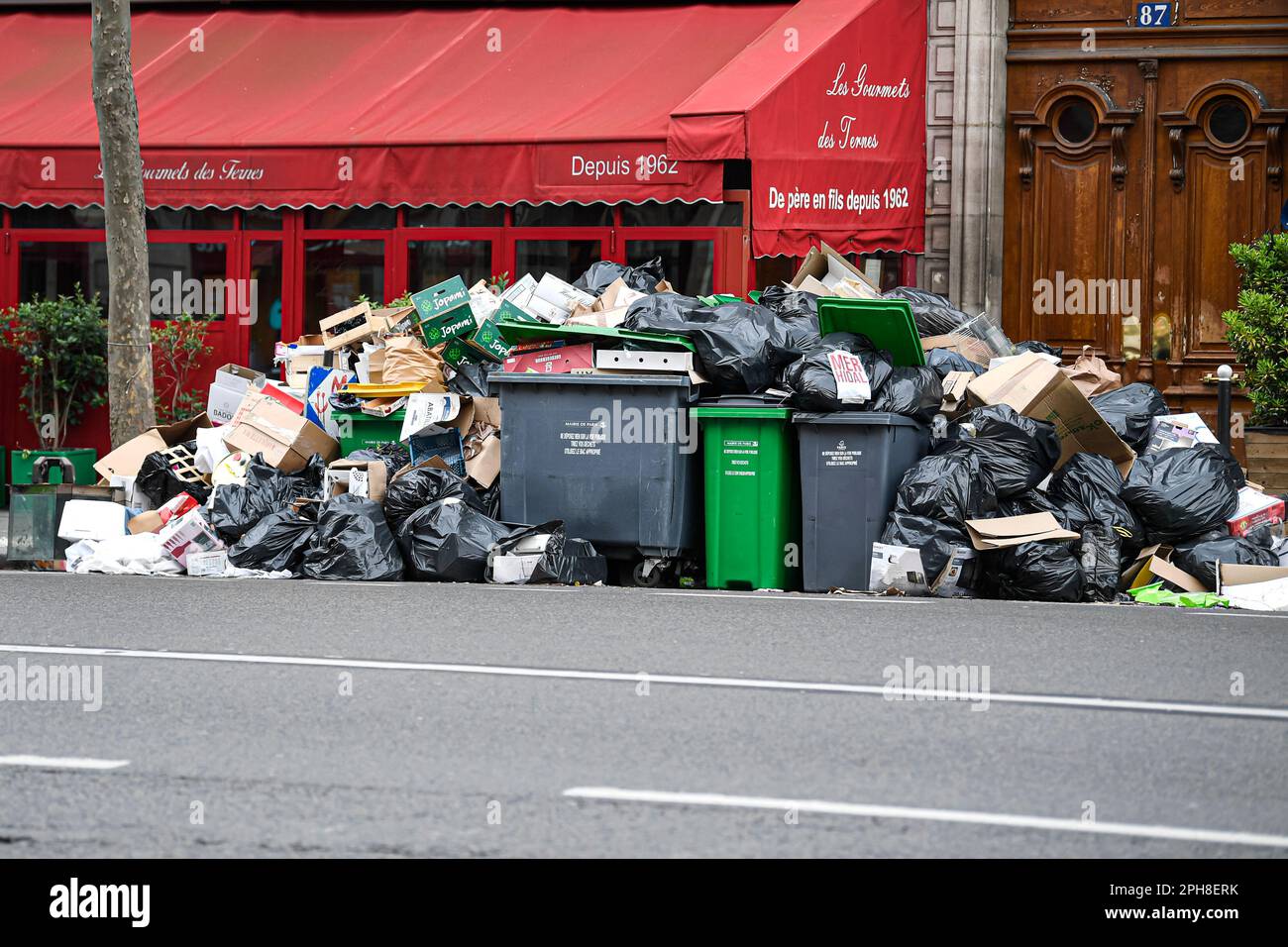Illustration picture shows full bins on March 26, 2023 in Paris, France. A strike by waste ...