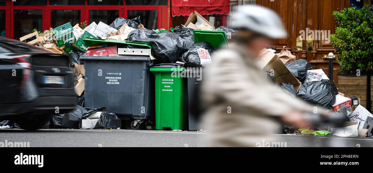 Illustration picture shows full bins on March 26, 2023 in Paris, France. A strike by waste ...