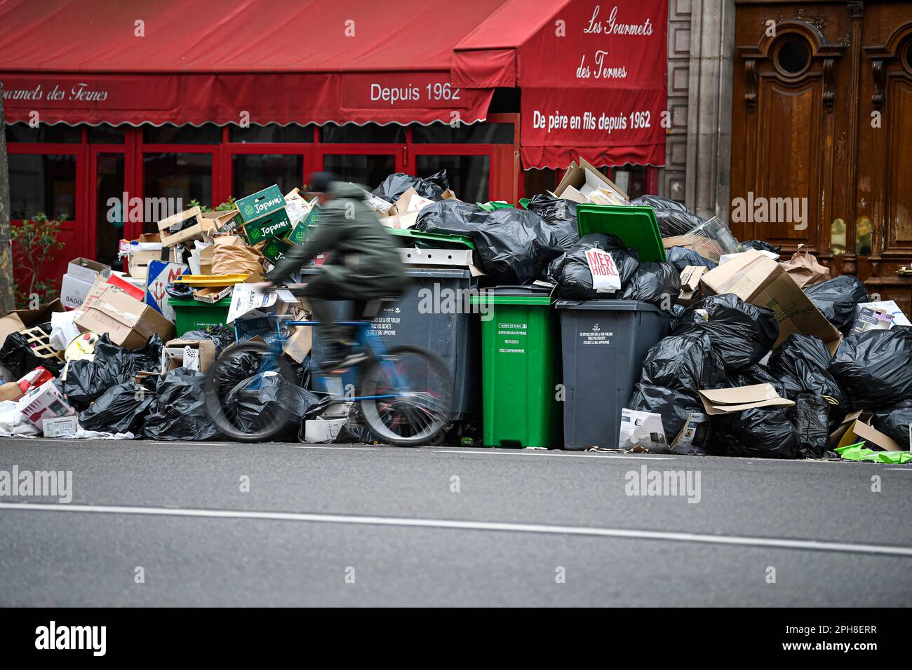 Illustration picture shows full bins on March 26, 2023 in Paris, France. A strike by waste ...