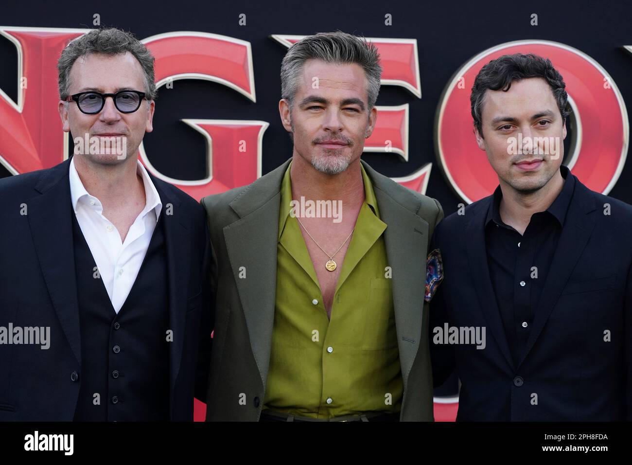Jonathan Goldstein, from left, John Francis Daley and Chris Pine arrive ...