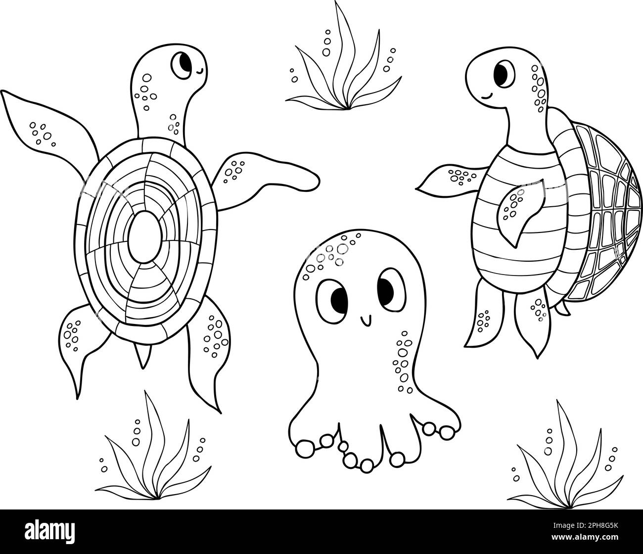 Collection marine underwater animals. Cute little octopus and turtles ...