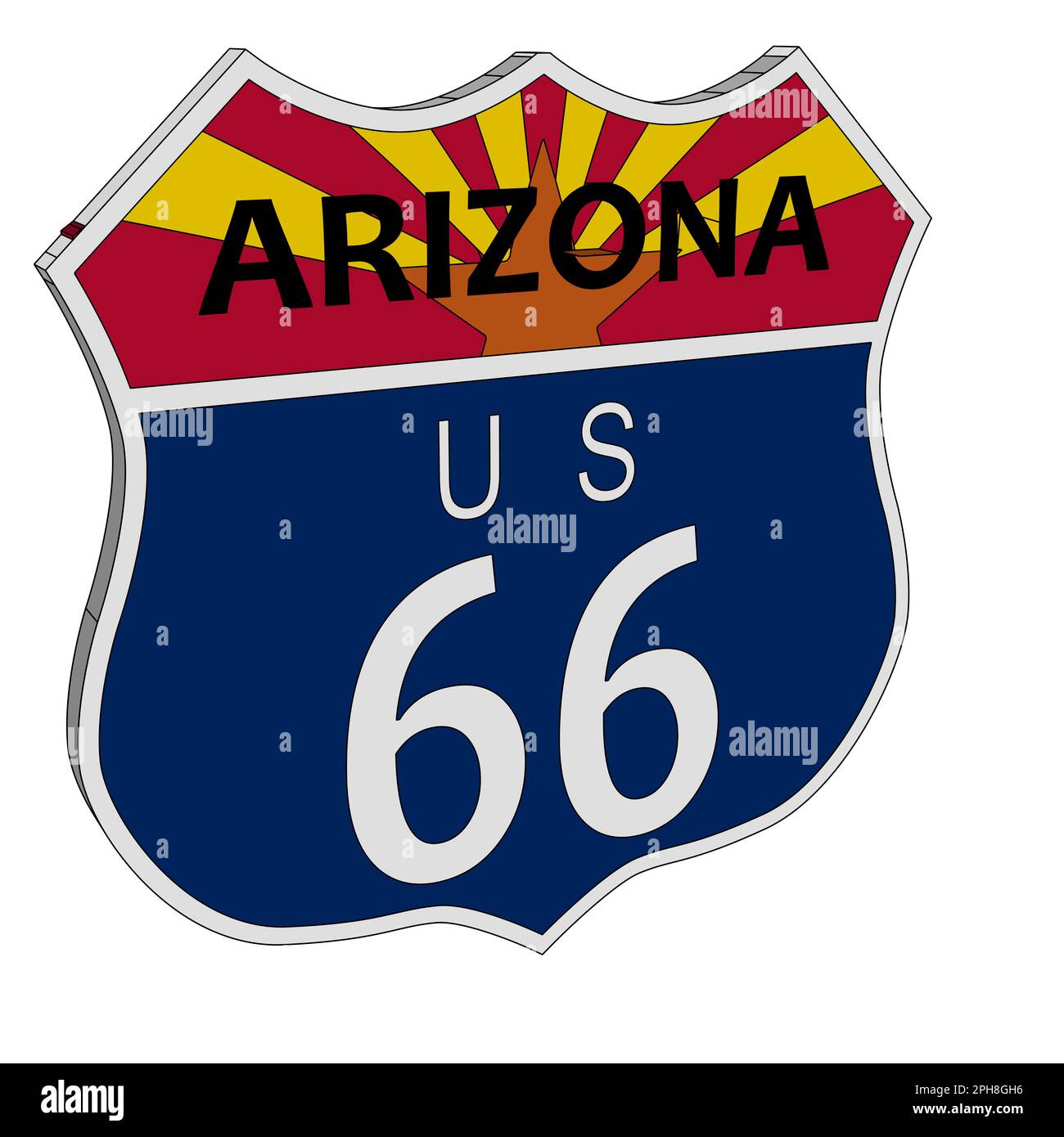 Route 66 traffic sign over a white background and the state name ...
