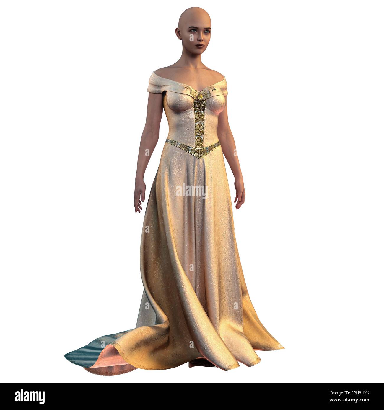 Bald Medieval Fantasy Woman in Long Dress on Isolated White Background ...