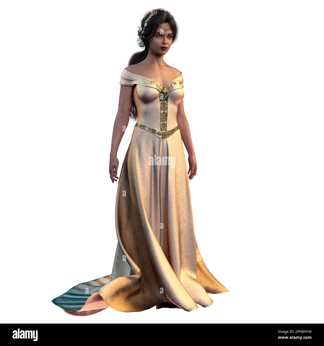 Brown Haired Medieval Fantasy Woman in Long Dress with Circlet and ...