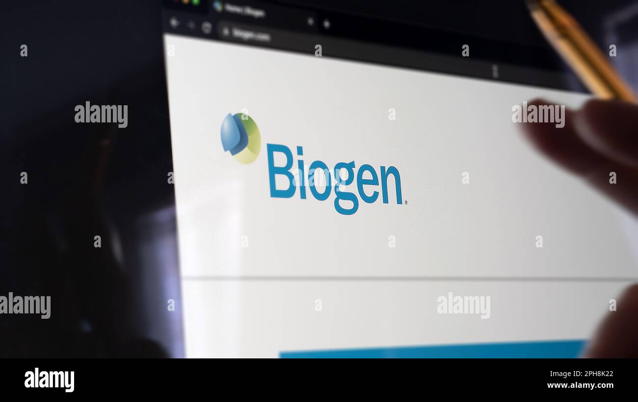 March 27th 2023. Biogen's logo on a wall of screen. The logo of biogen ...