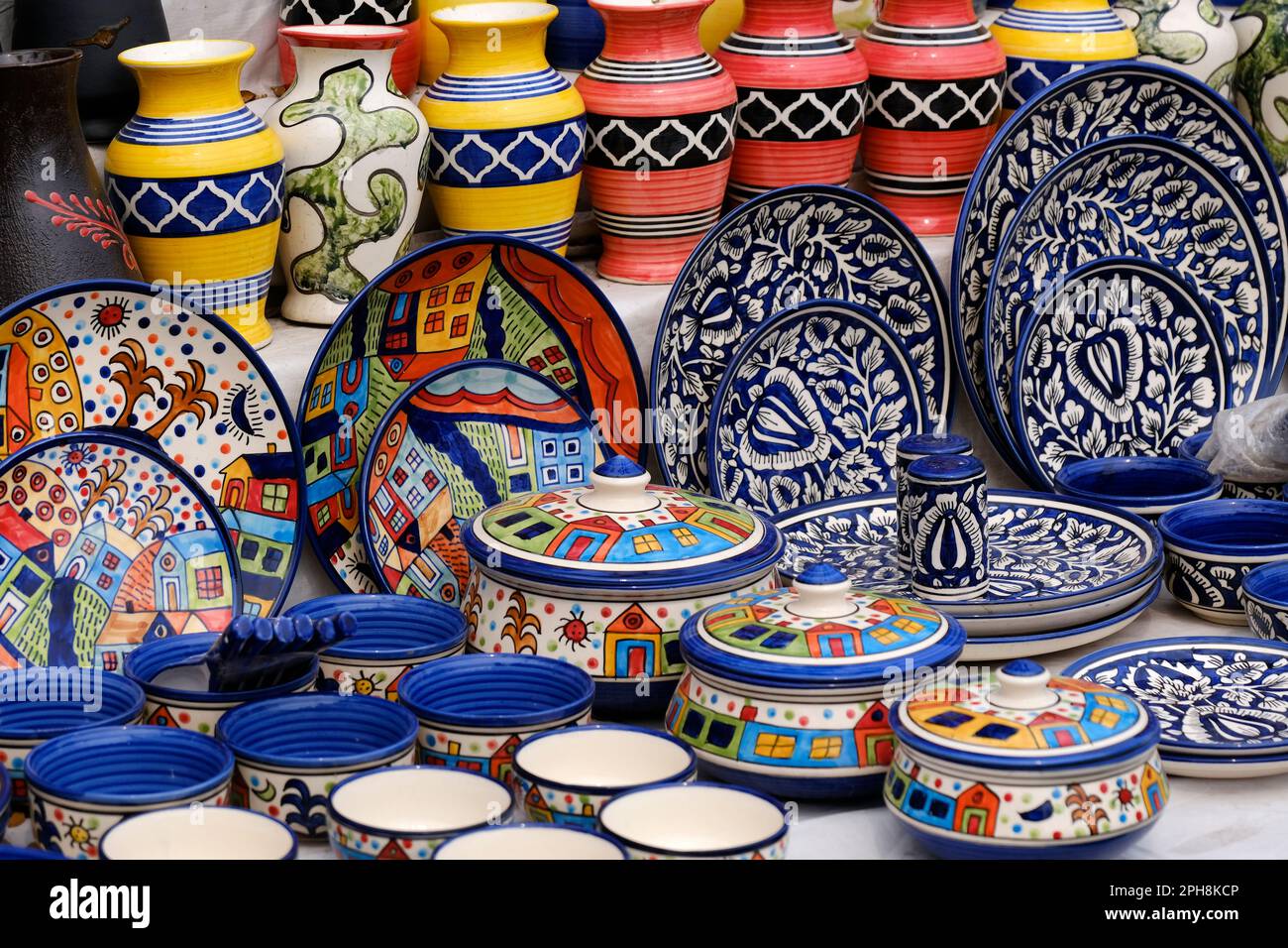Multicolored Household ceramic items in the Street Market in India ...