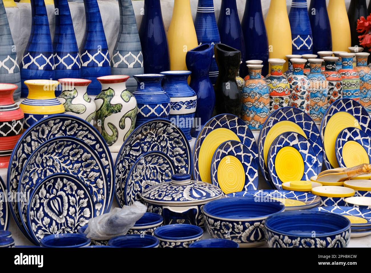 Multicolored Household ceramic items in the Street Market in India ...