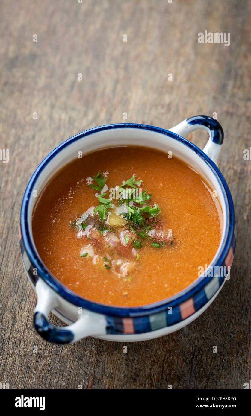 spanish traditional gazpacho cold vegetable soup in rustic seville ...